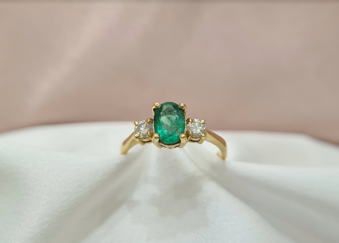 Emerald Inclusion Ring With Diamonds • 18K Yellow Gold • Inclusion ...