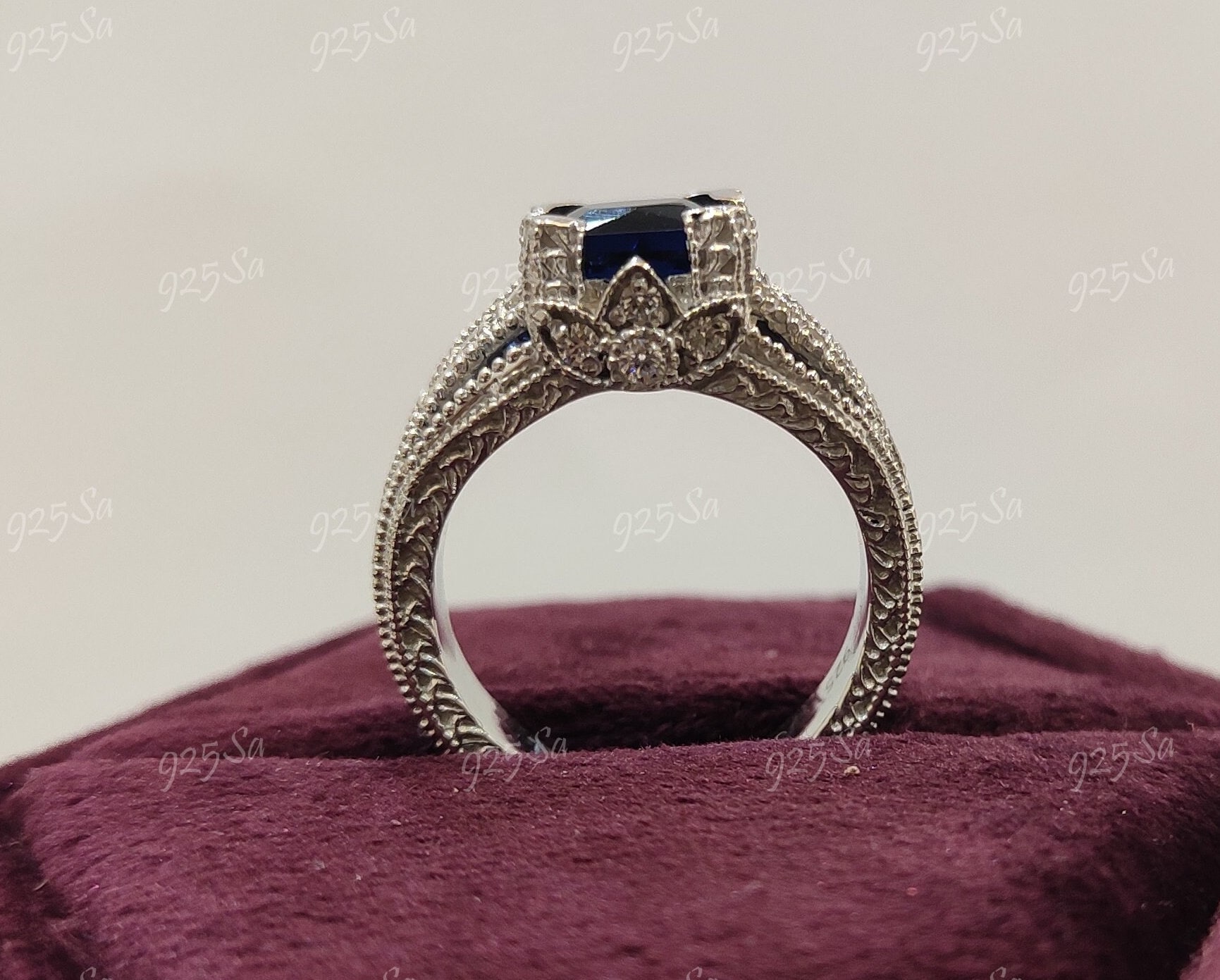 1930s Vintage 2.30ct Blue Sapphire Cushion Cut Wedding Engagement Ring ...