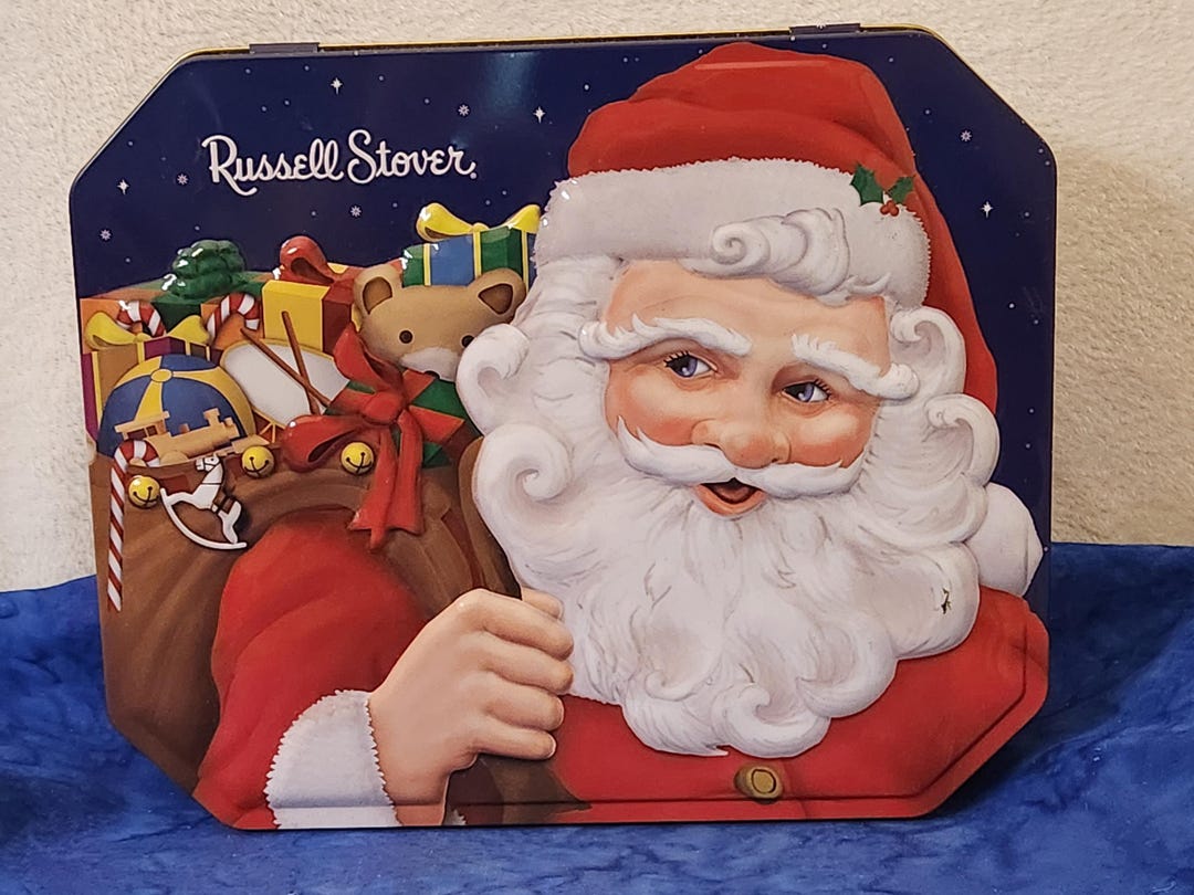 Russell Stover Santa and His Sack Vintage Christmas Tin Holiday Home ...