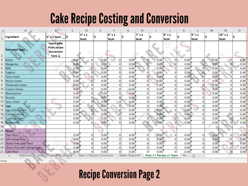 Cake Ingredient and Recipe Pricing Guide, Recipe Conversion Spreadsheet ...