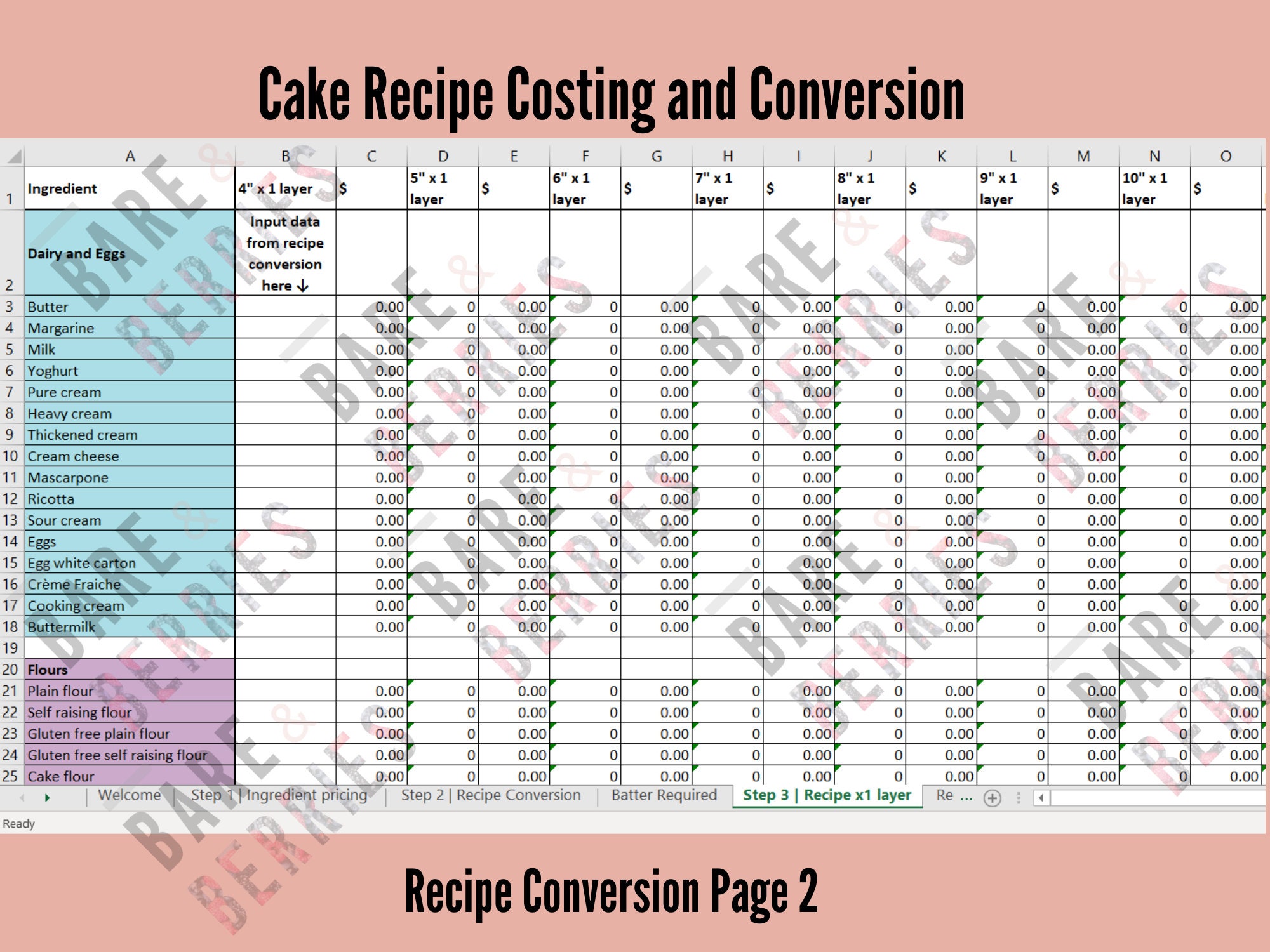 Cake Ingredient and Recipe Pricing Guide, Recipe Conversion Spreadsheet ...