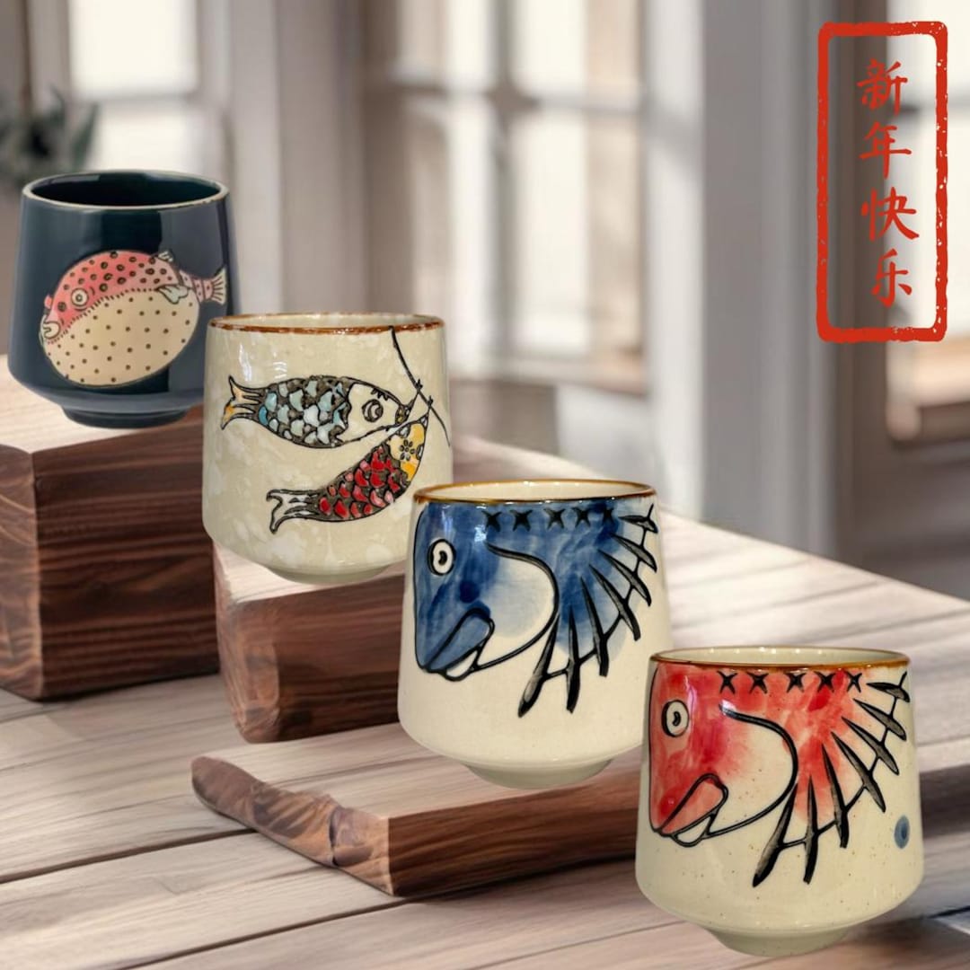 Japanese Tea Cup Set: Ceramic Matcha Cups With Fish Design - Etsy