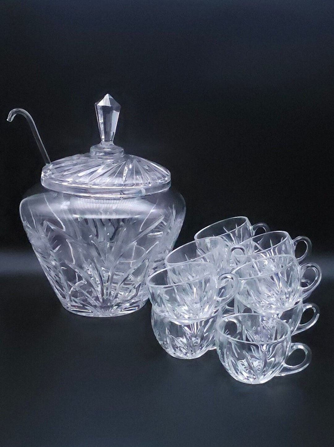 Vintage Crystal Punch Bowl With Lid & 11 Cups - Spoon - 13-piece Set ...