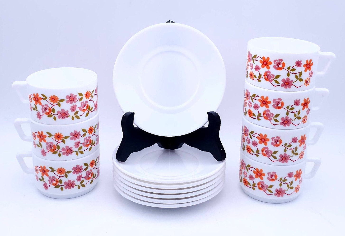 Arcopal France scania Cups With Saucers Flowers Orange Milk Glass Opal ...