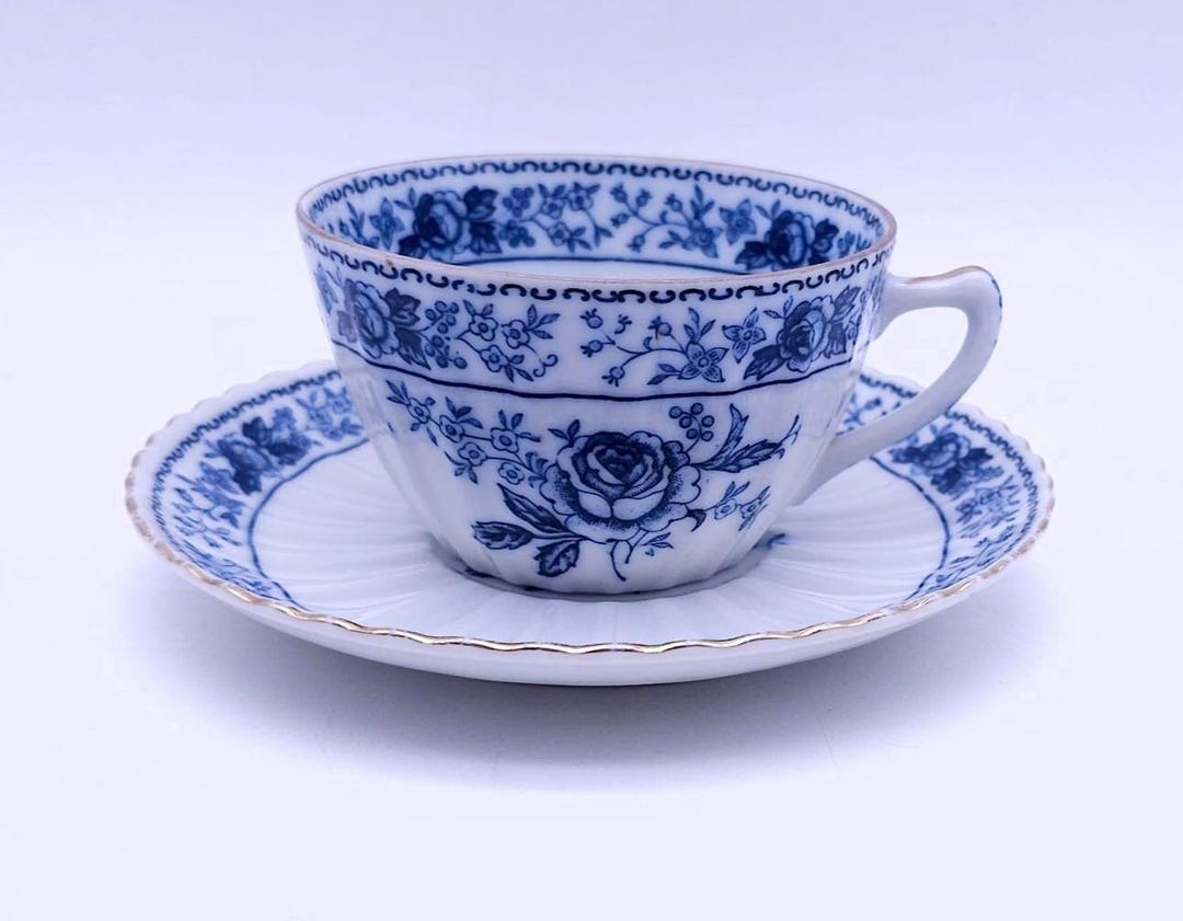 Vintage Blue Rose Tea Cup With Saucer - Fine Bone China - Chinoiserie ...