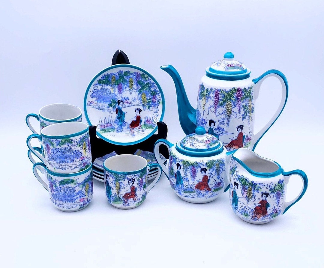 Vintage Japanese Tea Set Blue Hand Painted Porcelain Tea Set Geisha ...