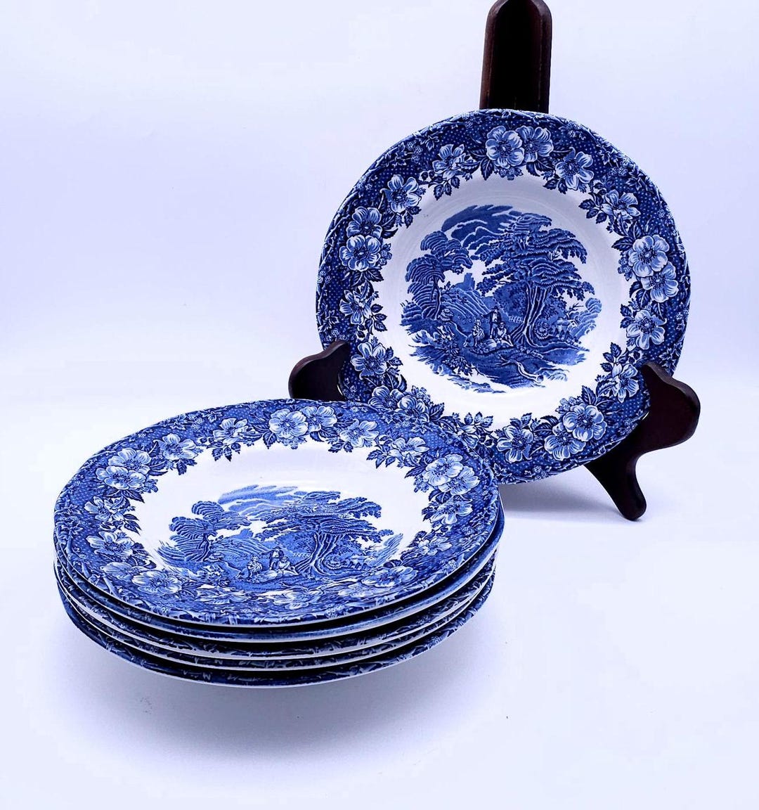 Enoch Wedgwood woodland Soup Plates Pasta Plates Blue White Made in ...