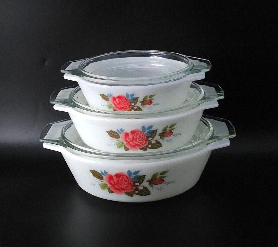Pyrex JAJ Baking Dishes Roses 70s Vintage Frosted Glass Glass Lid Made ...