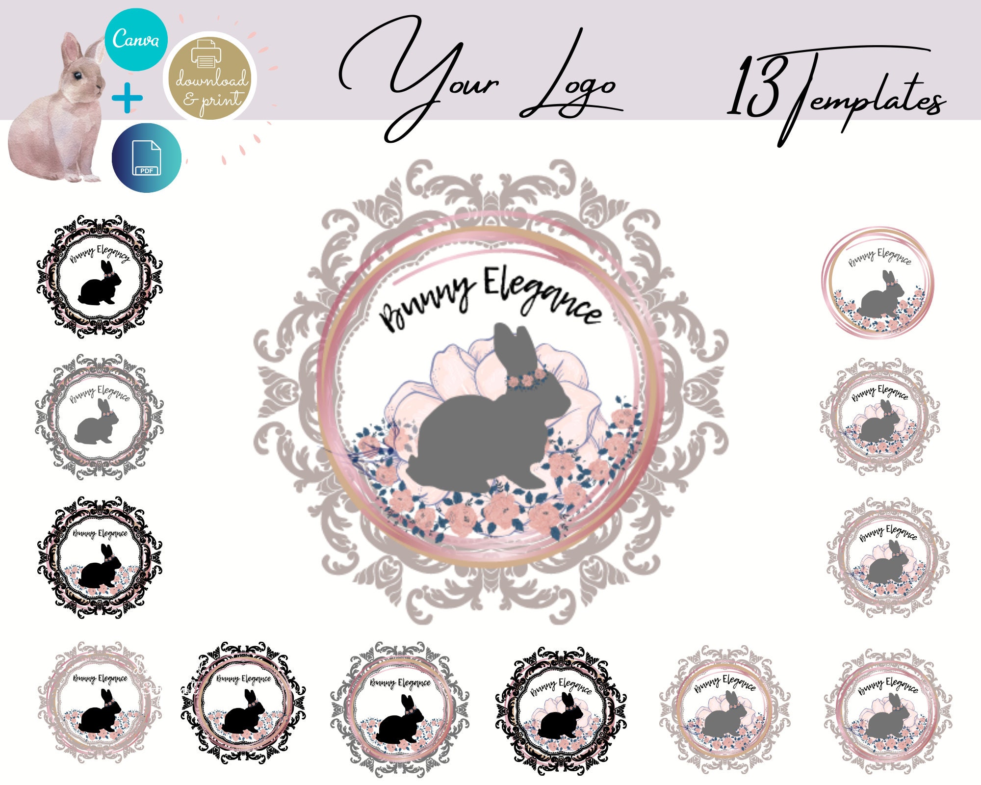 Editable 13 Bunny Logo Templates, Canva, Instant Download, Rabbit Logo ...
