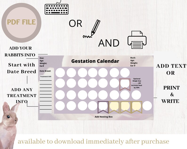 Editable Rabbit Gestation Calendar Template, Printable, Rabbitry ...