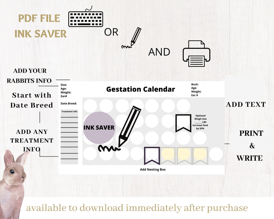 Editable Rabbit Gestation Calendar Template, Printable, Rabbitry ...