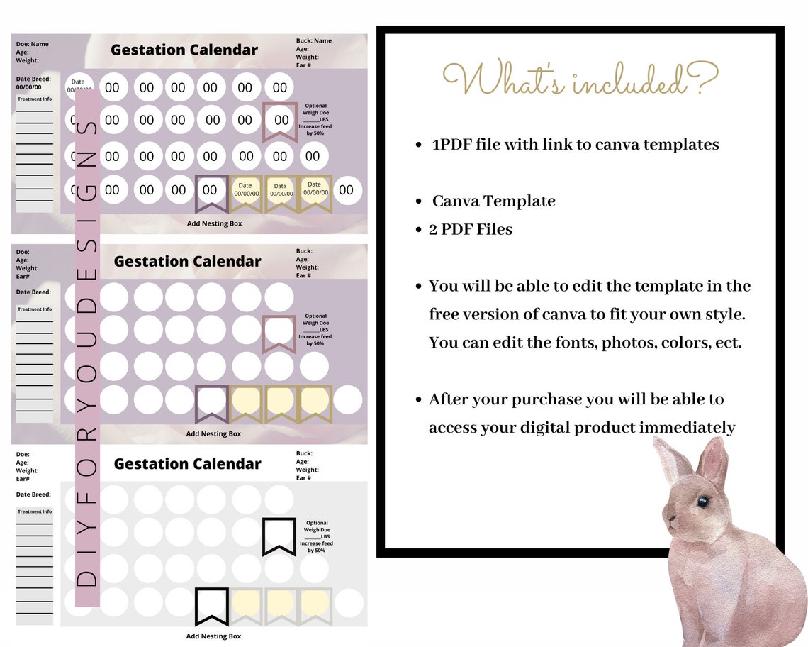 Editable Rabbit Gestation Calendar Template, Printable, Rabbitry ...