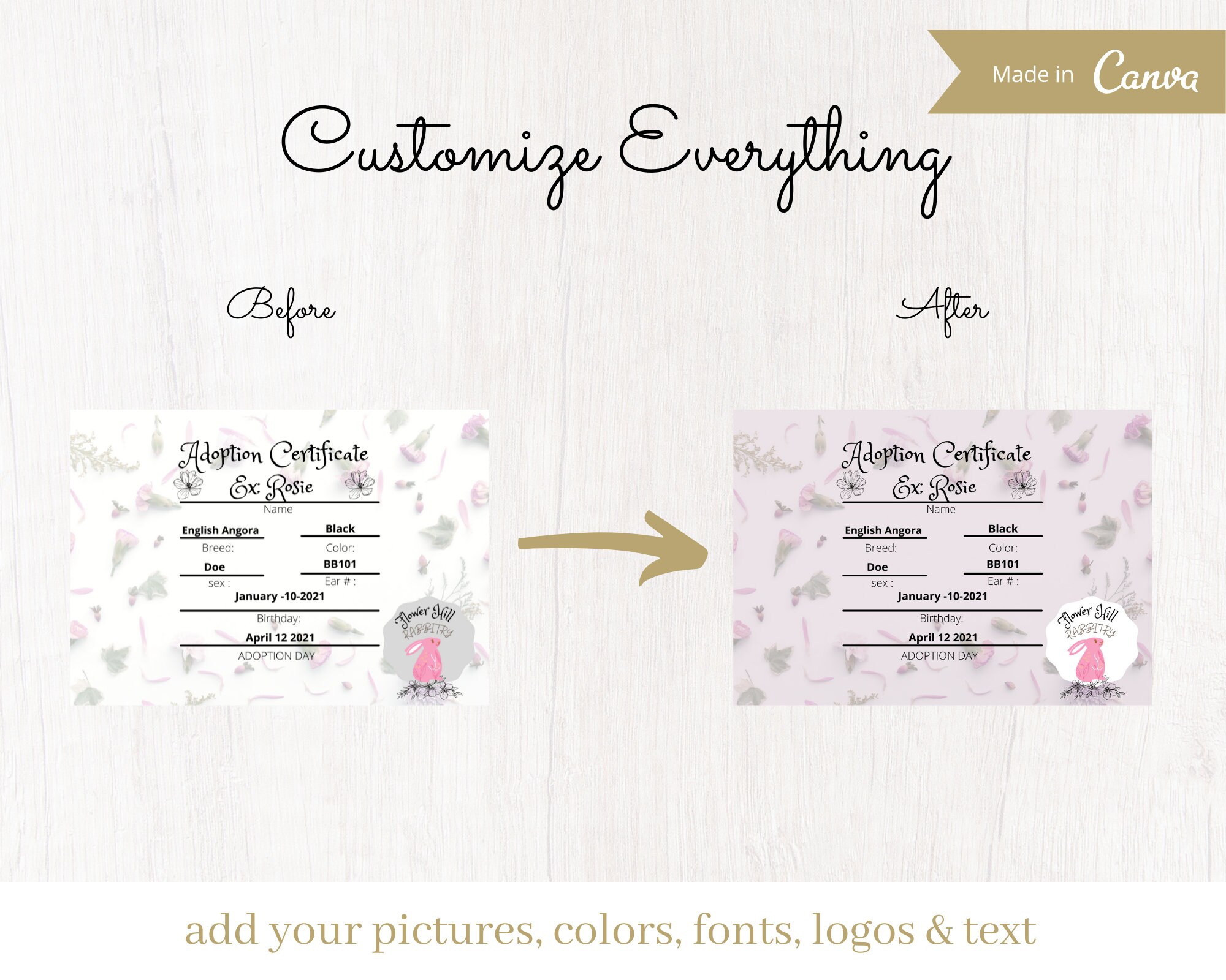 Editable Adoption,birth Certificate, Rabbitry Certificate, Pet ...