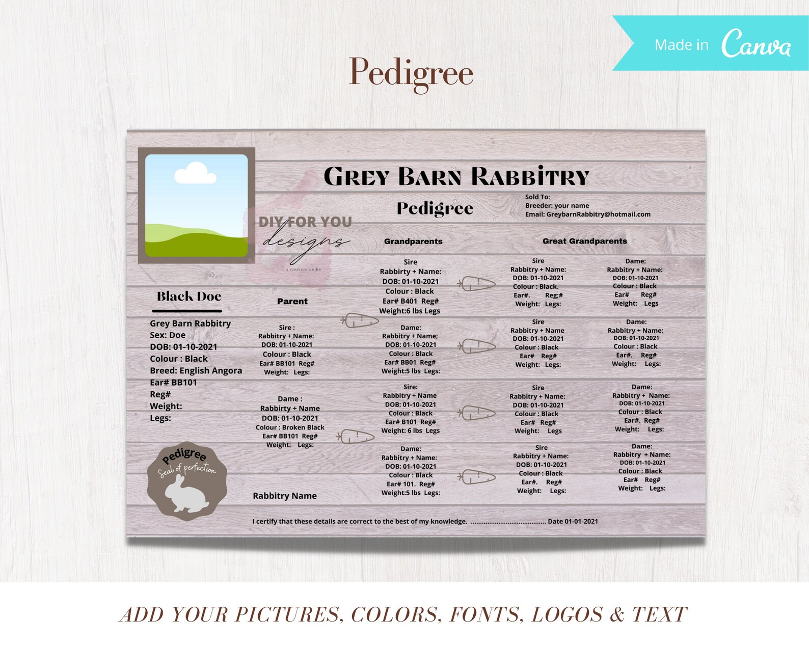 Editable Rabbitry Package Templates, Invoice, Bill of Sales, Pedigree ...