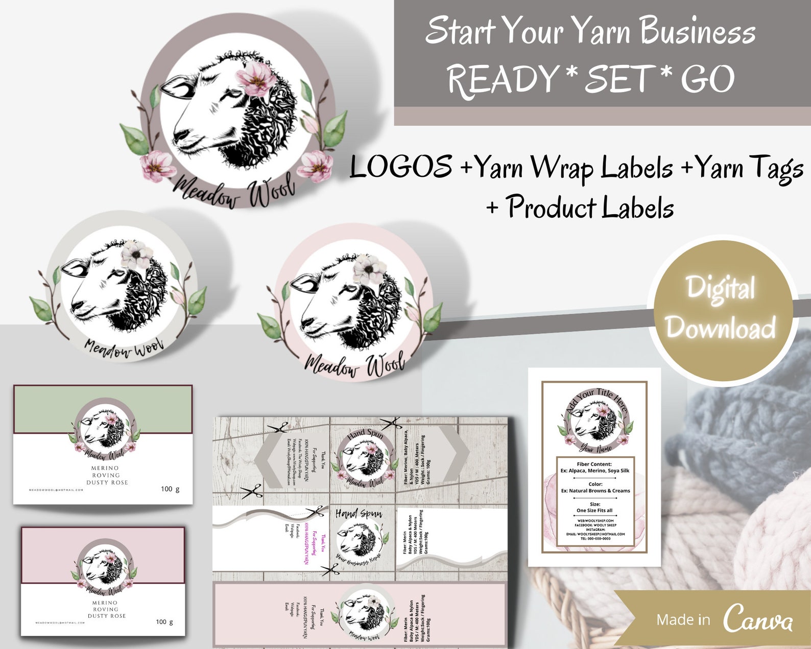 Editable Template Wool Package Logo, Yarn Label, Sheep, Wool Roving ...