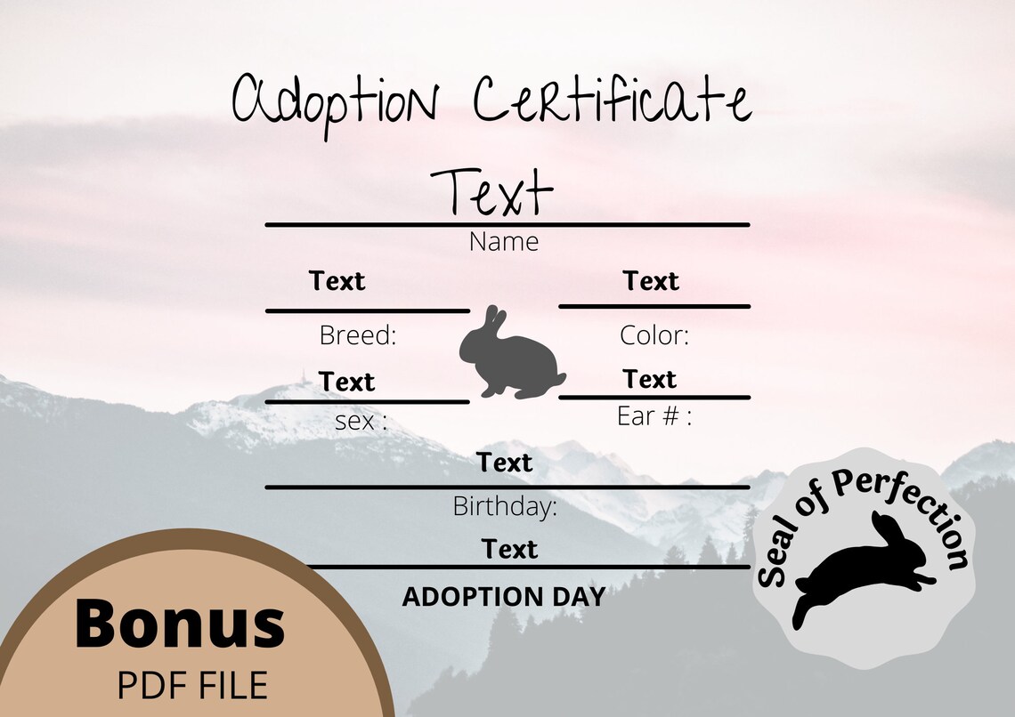 Editable Adoption Certificate, Rabbit Adoption Certificate, Pet ...
