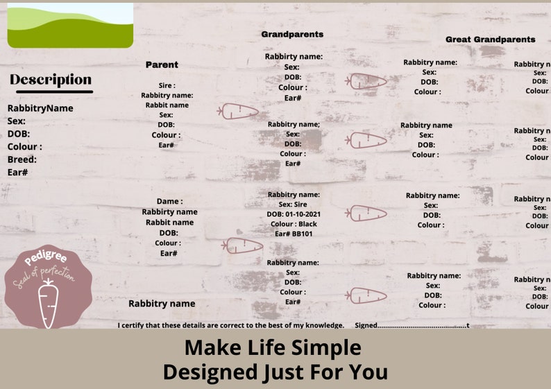 Personalized Custom Rabbit Pedigree Template, Rabbit Pedigree, Breeding ...