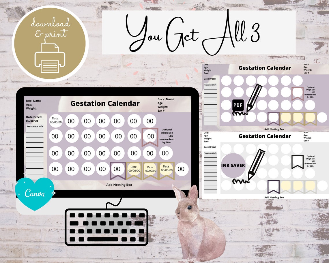 Editable Rabbit Gestation Calendar Template, Printable, Rabbitry ...