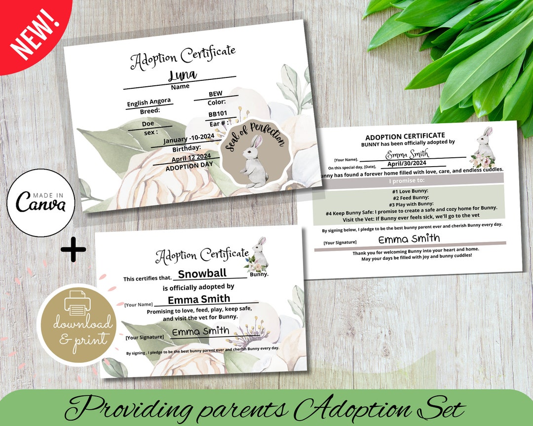 Floral Personalized Custom Rabbit Adoption & Agreement Template Set ...
