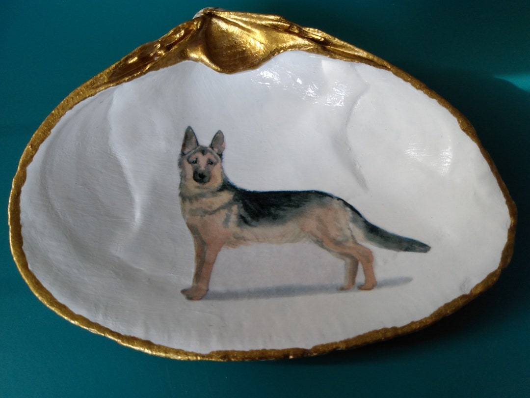GERMAN SHEPHERD Dog XL Clam Shell Decoupage Gilded Jewelry Dish. Beach ...