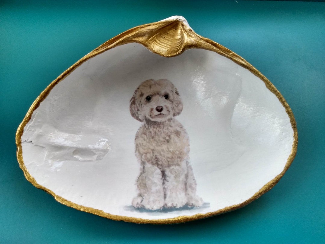 GOLDENDOODLE COCKAPOO Dog XL Clam Shell Decoupage Gilded Jewelry Dish ...