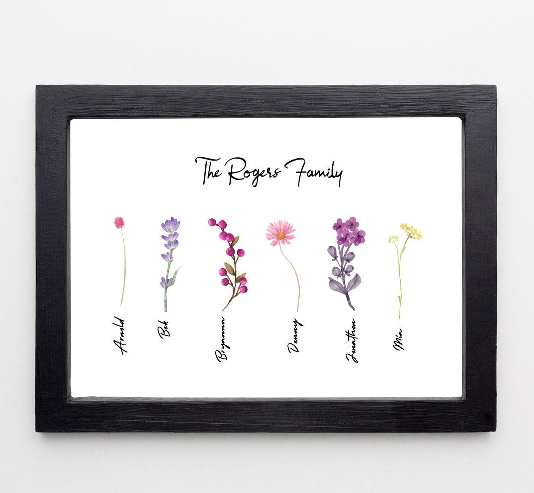 Birth Flower Print Family Personalized Gifts, Name on Flower Stem ...