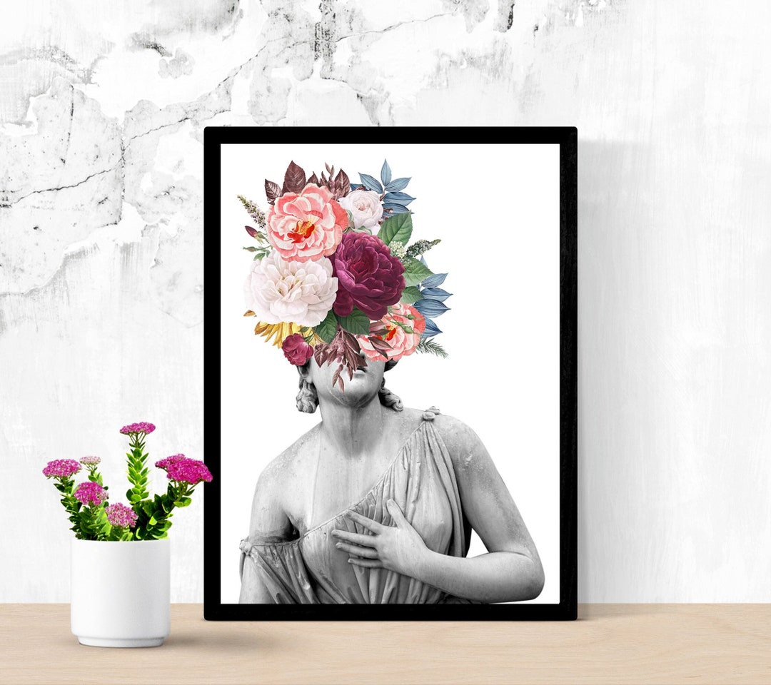 Flower Head Girl Poster, Floral Plant Lady Print, Woman Sculpture With ...