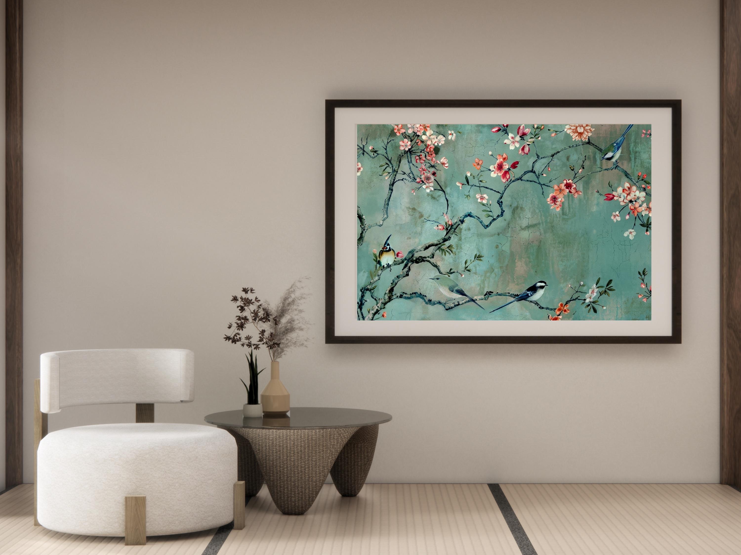 Vintage Chinoiserie Bird Mural | Sage Green & Teal Floral Wallpaper Art ...
