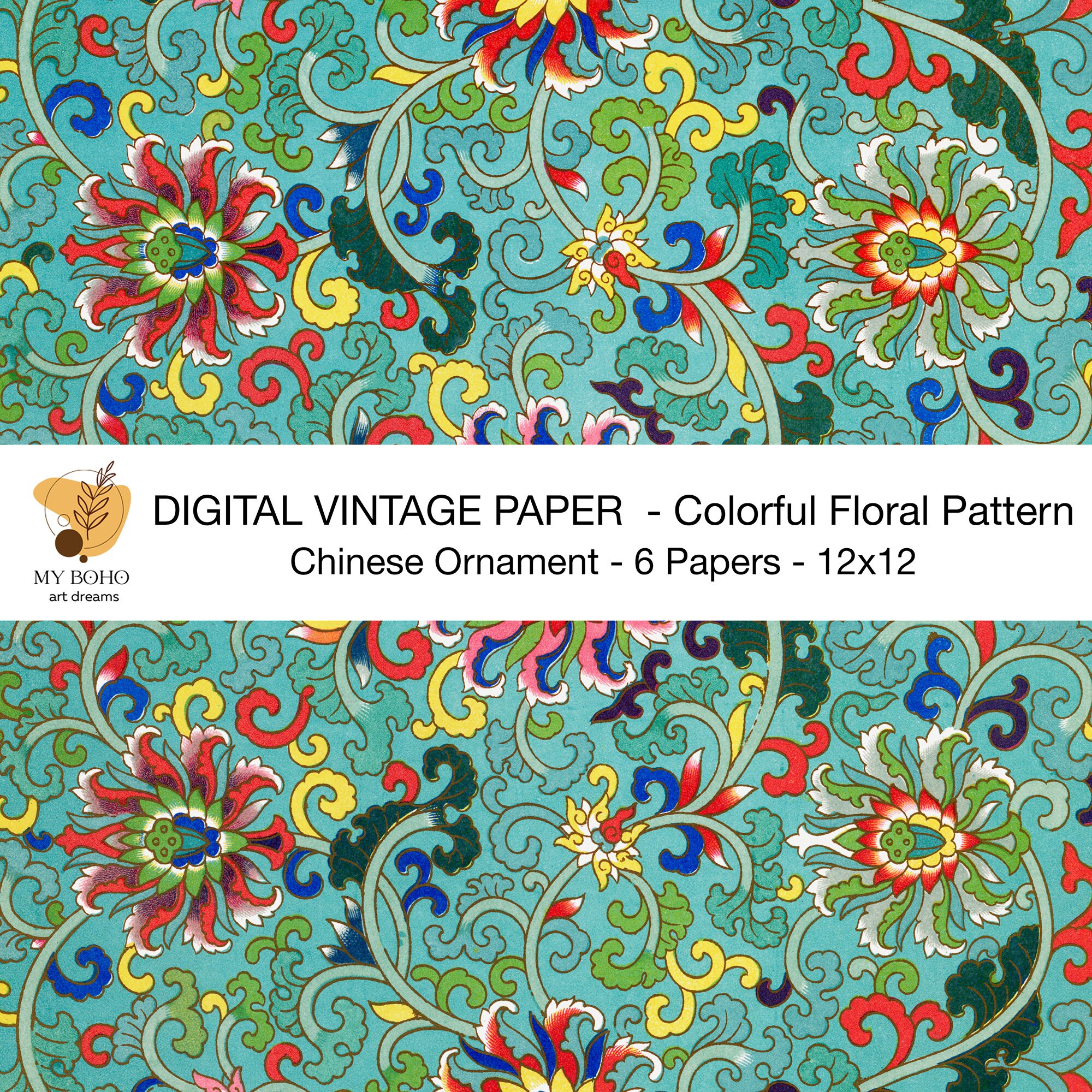 Vintage Chinese Flower Pattern Digital Paper, Digital Vintage Floral ...