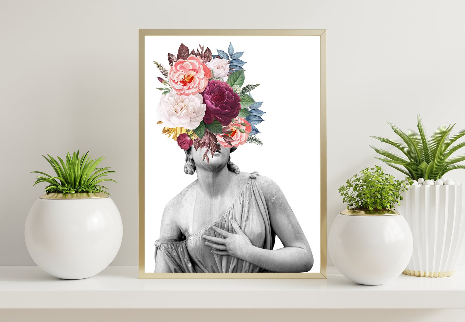 Flower Head Girl Poster, Floral Plant Lady Print, Woman Sculpture With ...