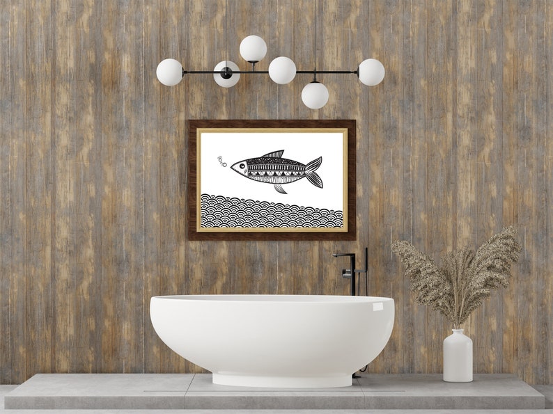 Hand Drawn Black and White Pattern Fish Print Large Fish - Etsy