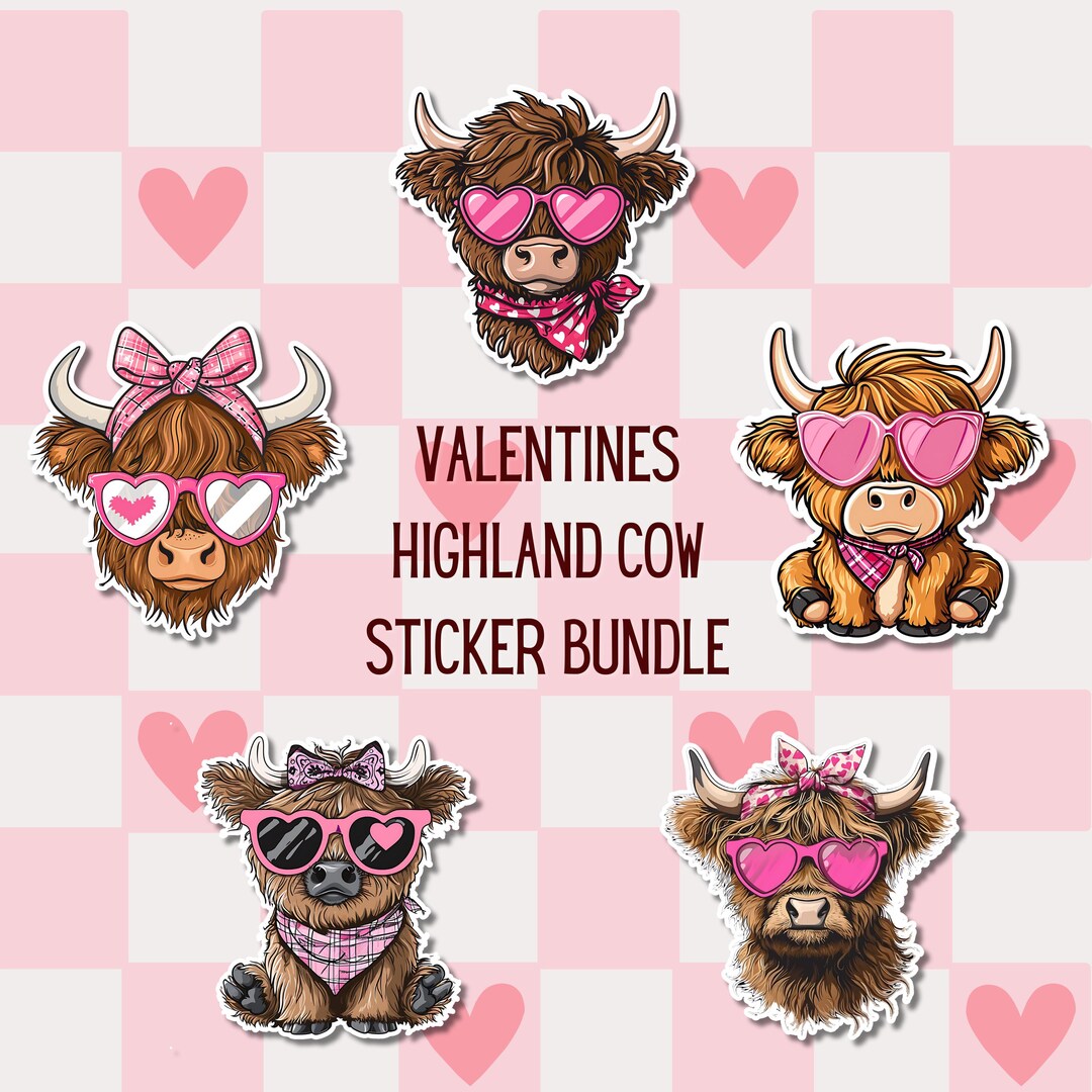 10 Vday Cow Sticker Bundle, Valentines Highland Cow Decals, Glossy ...