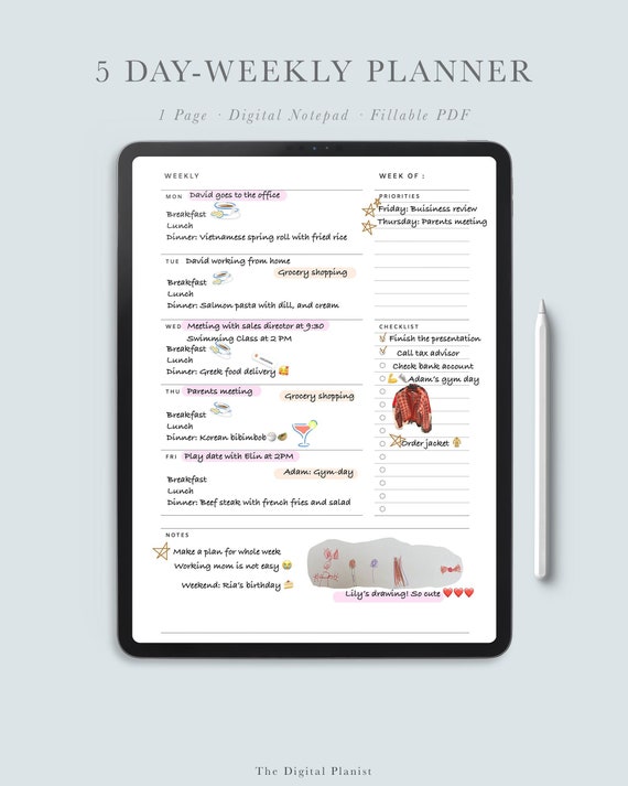 5 Day Weekly Planner for Productivity Digital Template for - Etsy