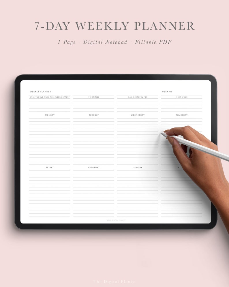 Week on One Page With Note | 7-day Weekly Planner for iPad and Tablet ...