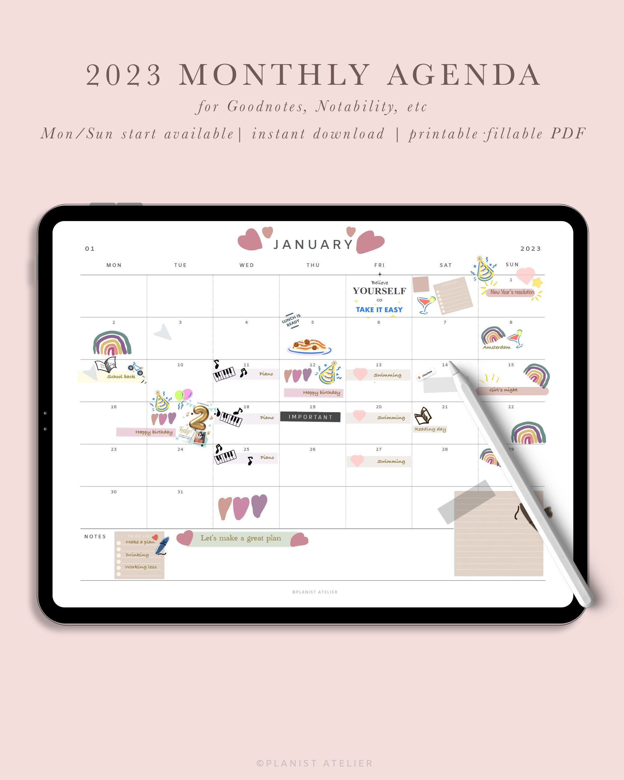 2023 Dated Month at a Glance for iPad and Tablet | 2023 Calendar ...
