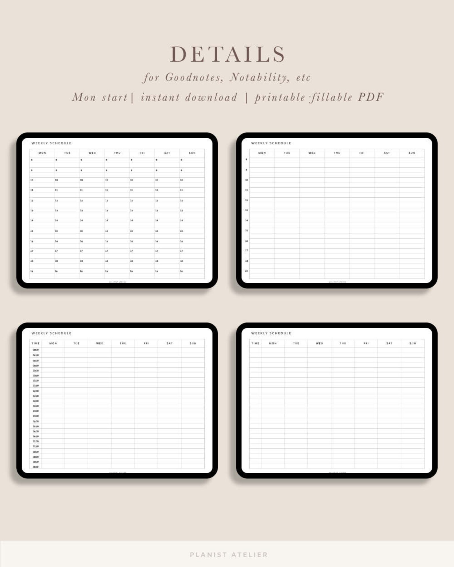 Weekly Schedule Pages for iPad or Tablet | Weekly Planner | Time ...