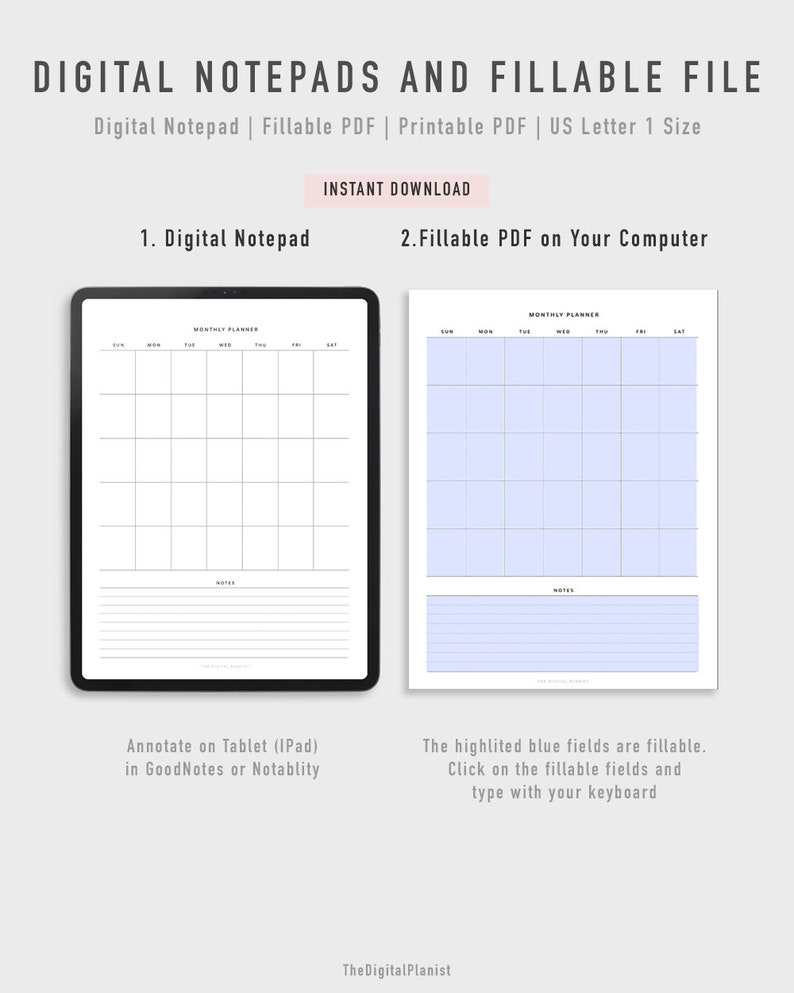 Monthly Undated Digital Planner for Goodnotes, Notability ,xodo, Etc ...