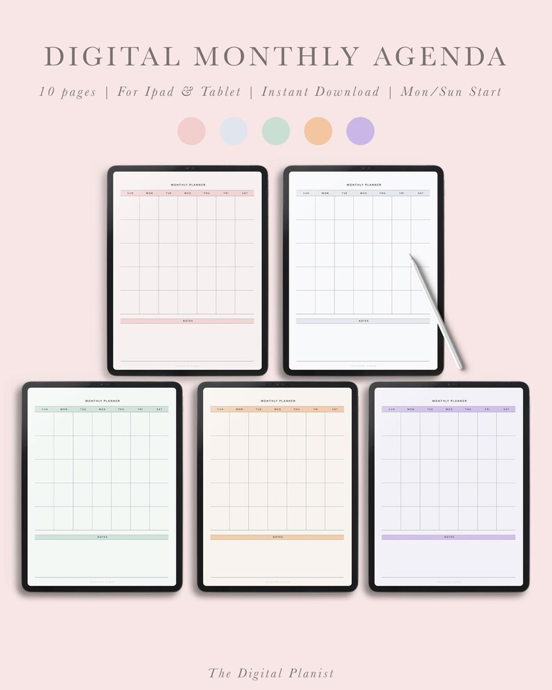 Digital Monthly Agenda for iPad and Tablet | Goodnotes Pages | Undated ...