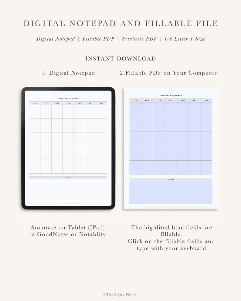 Digital Monthly Agenda for iPad and Tablet | Goodnotes Pages | Undated ...