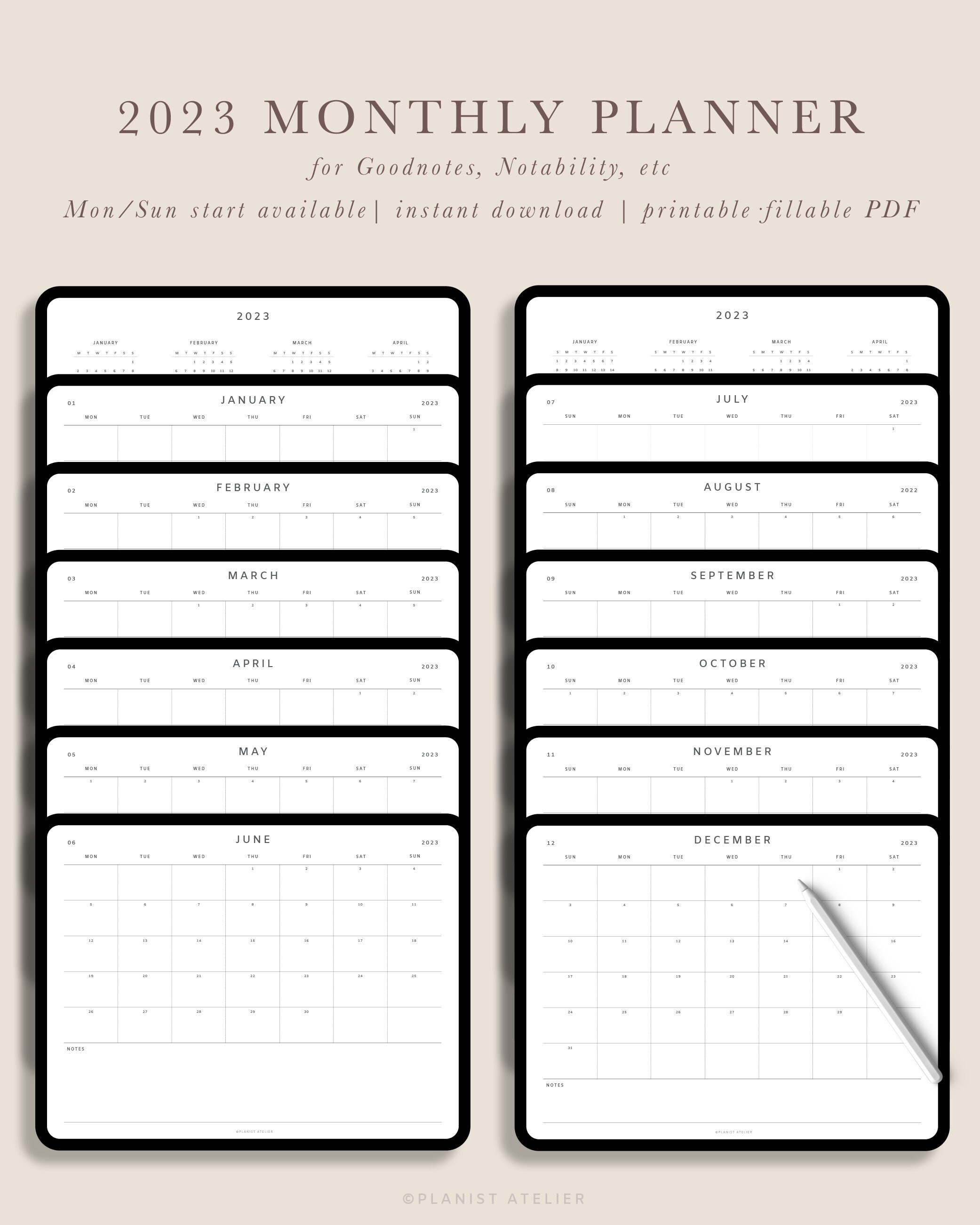 2023 Dated Month at a Glance for iPad and Tablet | 2023 Calendar ...