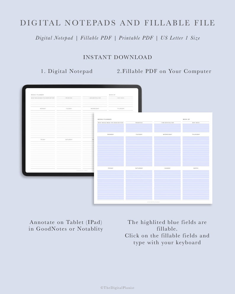 Week on One Page With Note | 7-day Weekly Planner for iPad and Tablet ...
