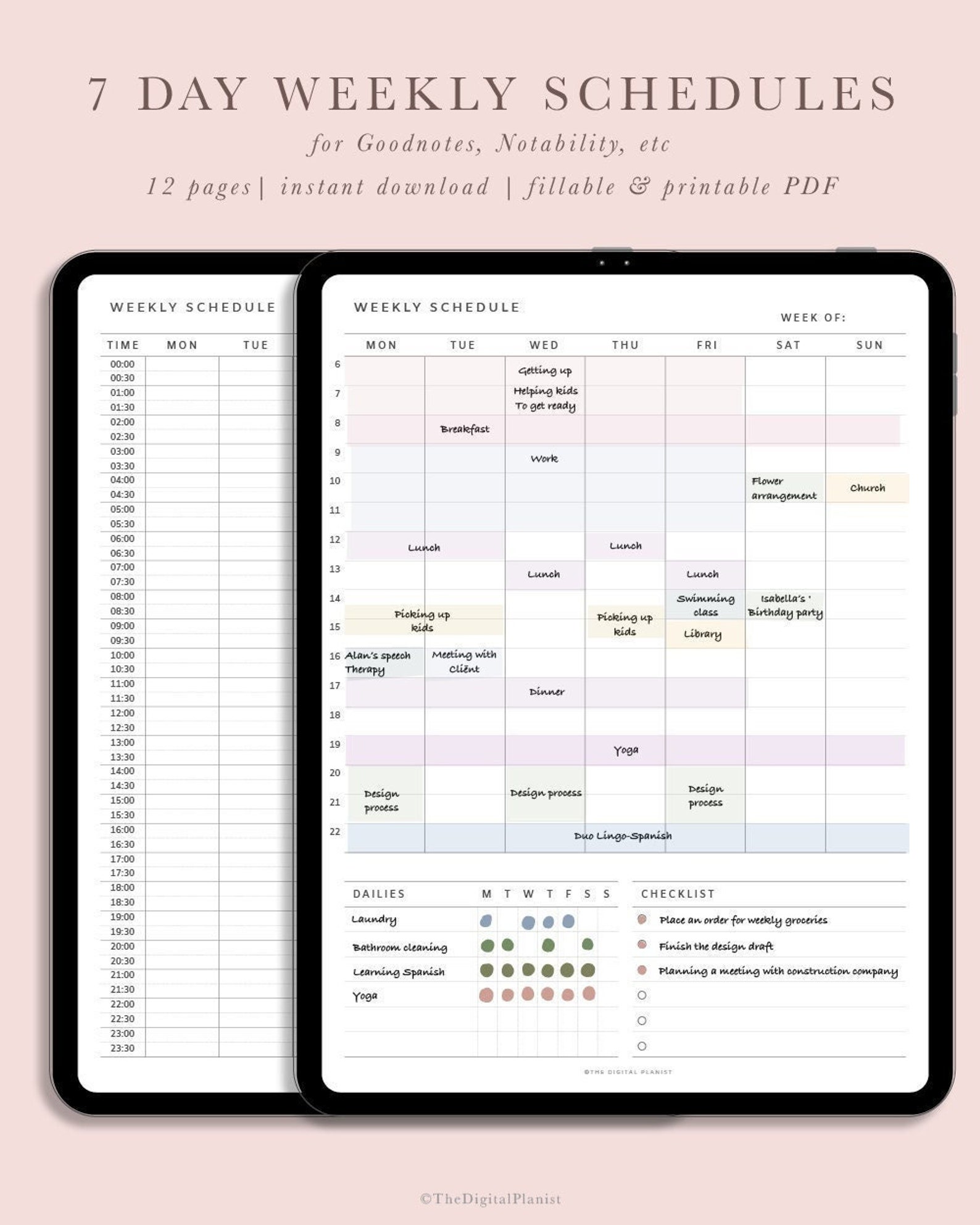 Weekly Schedule Pages for Digital Use or Printed | 24/7 Weekly Planner ...