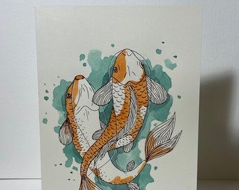 Koi Fish Note Cards With Envelopes, Blank Watercolor Fish Greeting ...