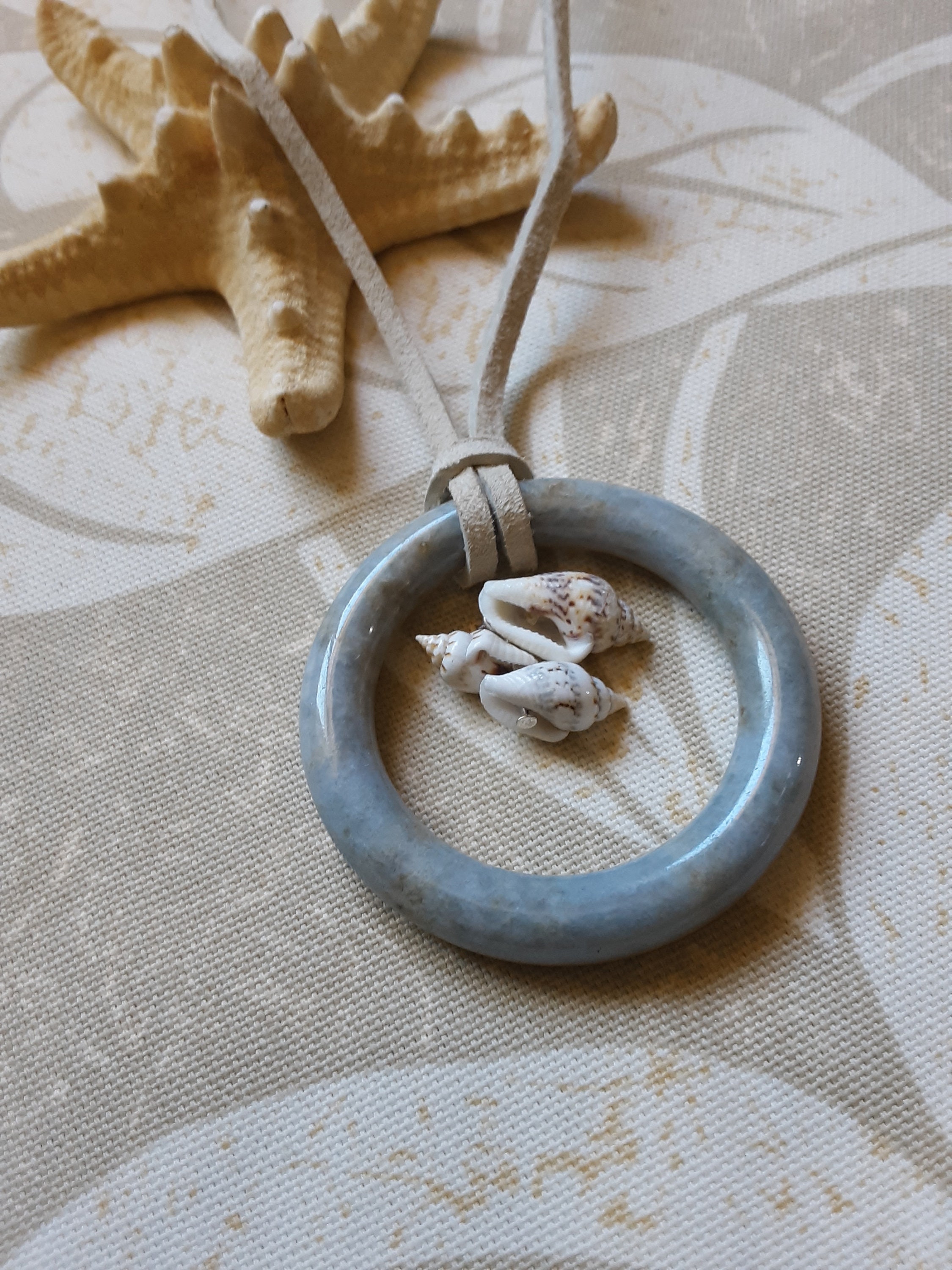 Jade Enso Circle, Seashells, Leather Necklace, NEW - Etsy