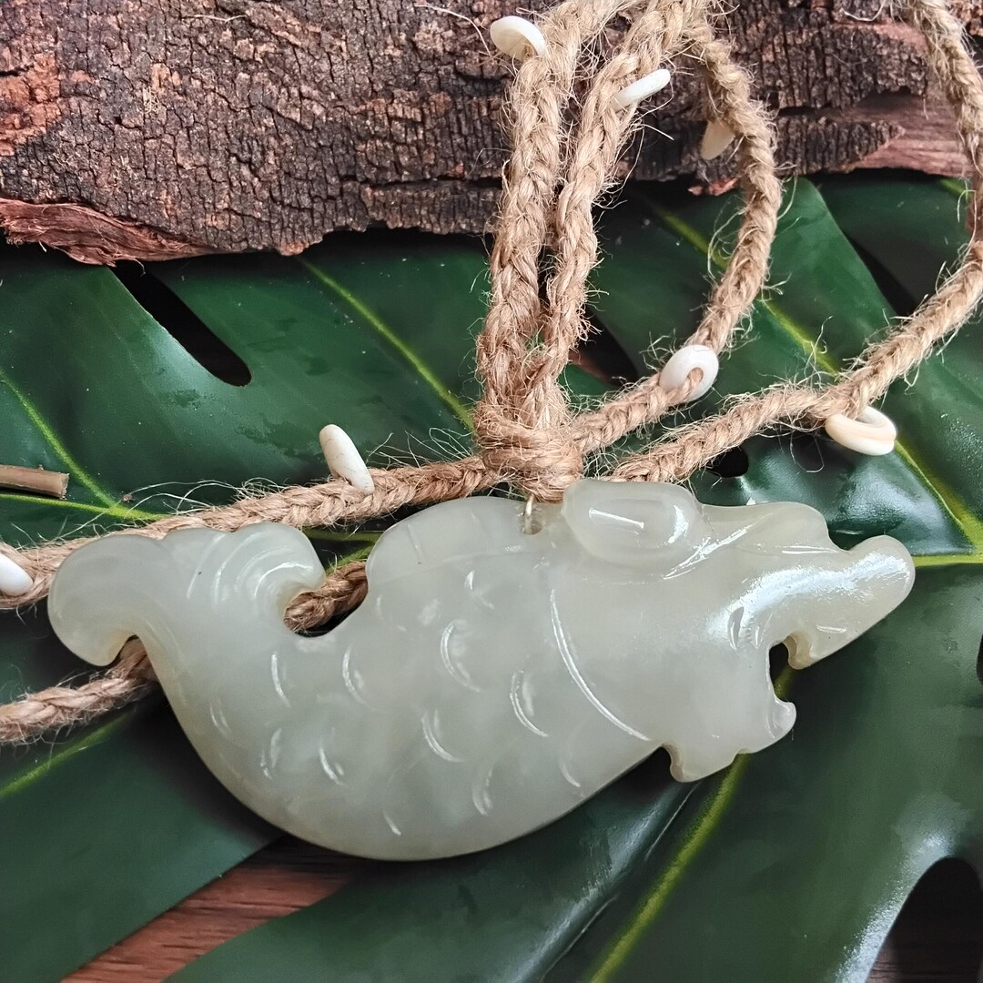 Jade Uhu Fish Pendant, Braided Cord With Puka Shells, Unisex Necklace ...