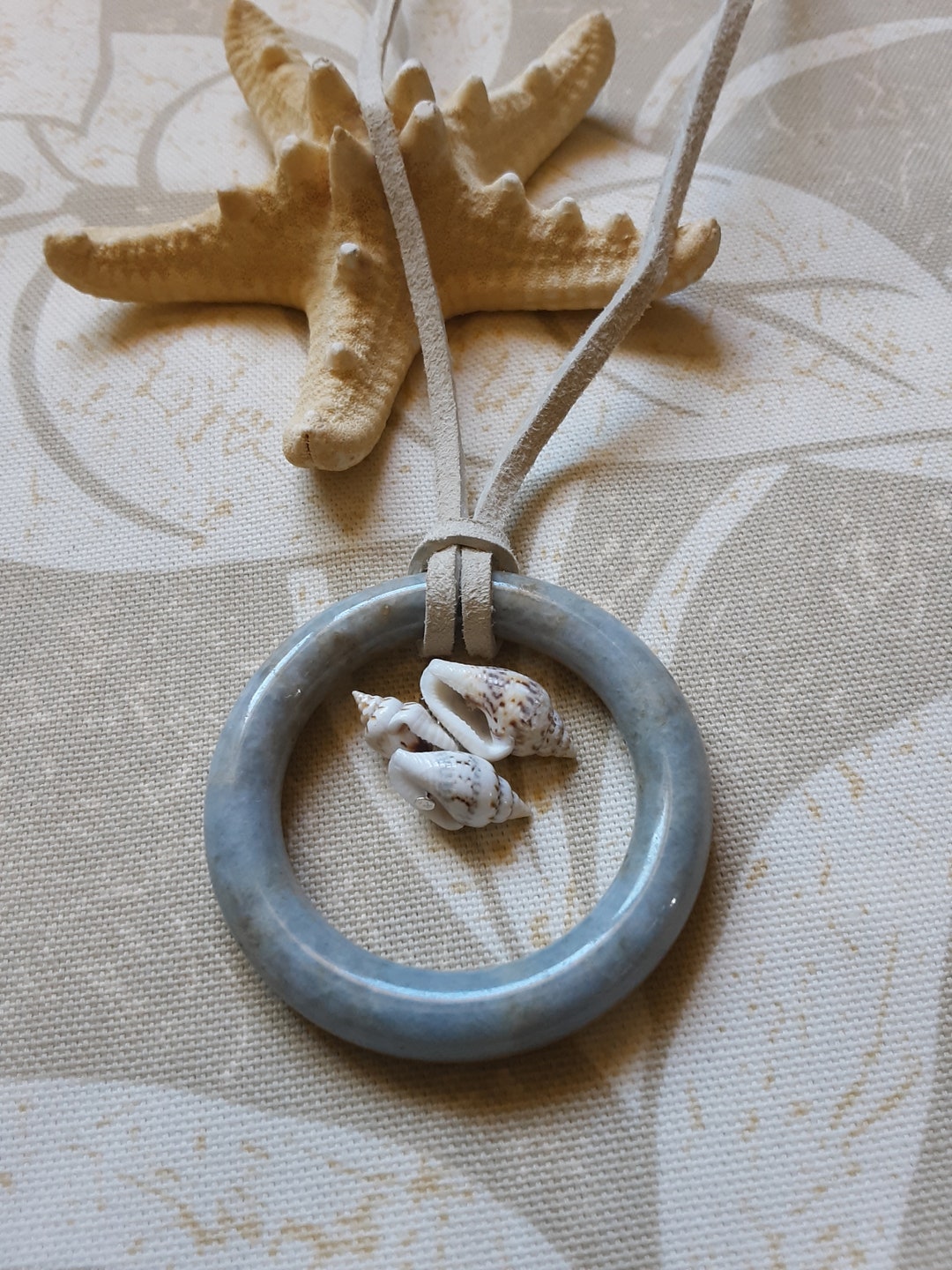 Jade Enso Circle, Seashells, Leather Necklace, NEW - Etsy