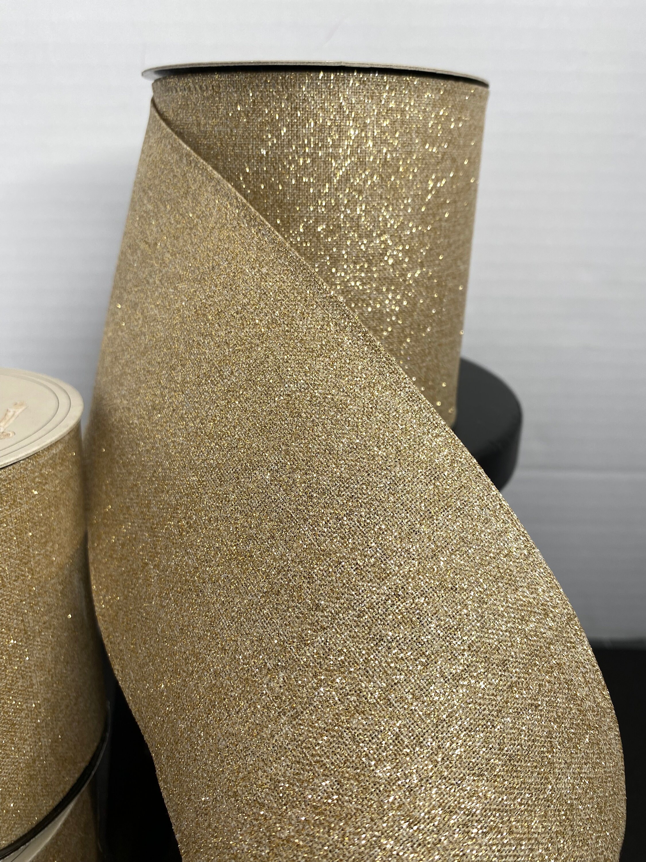 D Stevens Wired 4x 10yds Linen Gold Stardust Glitter, Natural Ribbon ...