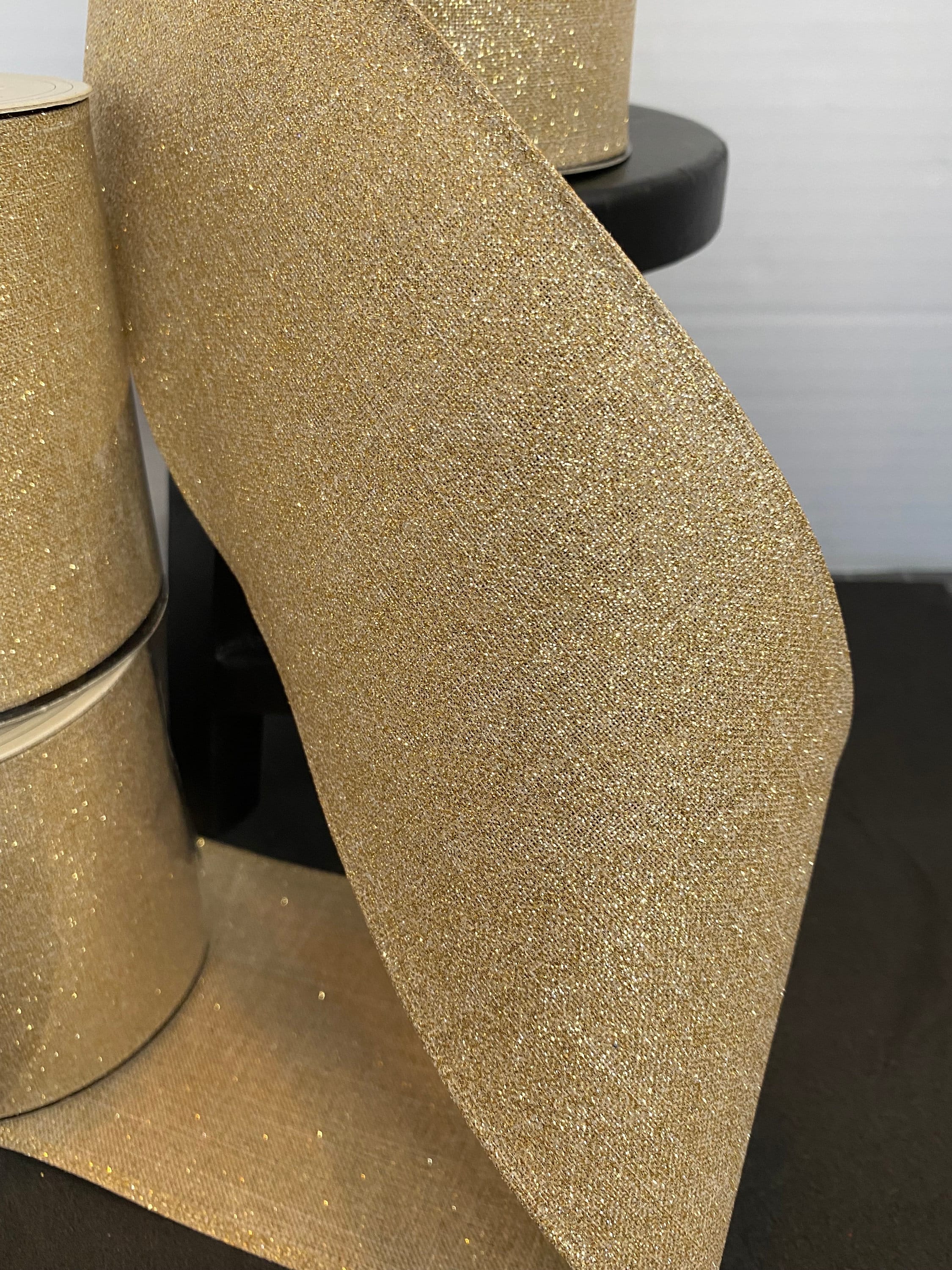 D Stevens Wired 4x 10yds Linen Gold Stardust Glitter, Natural Ribbon ...