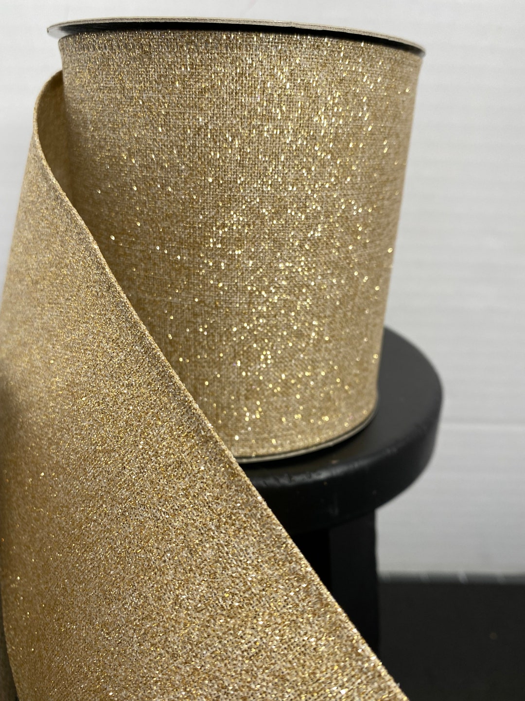 D Stevens Wired 4”x 10yds Linen Gold Stardust Glitter, Natural Ribbon ...
