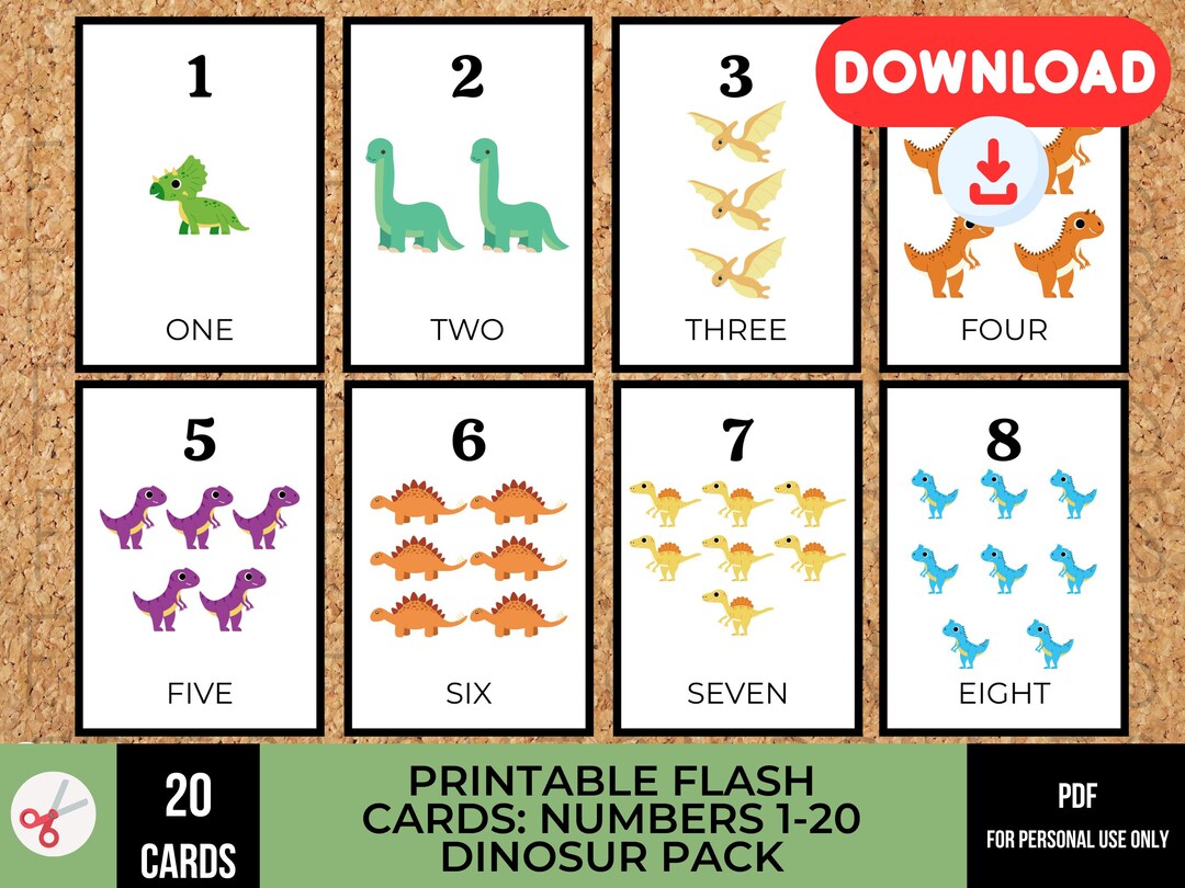 Printable Dinosaur Number Flash Cards 1–20 | Counting Cards for ...